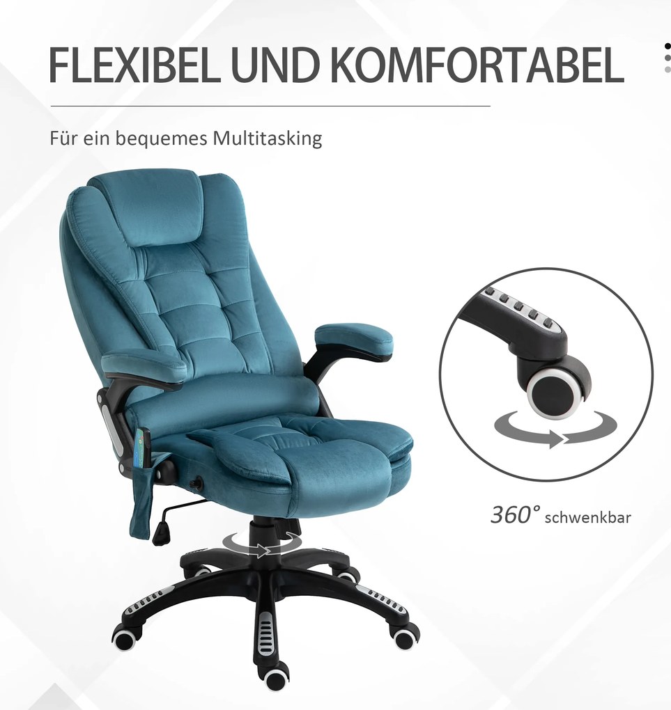 Kancelářská židle Vinsetto s masážní a tepelnou funkcí, výškově nastavitelná herní židle do 120 kg, 68x72x110-120 cm, modrá | Aosom.de