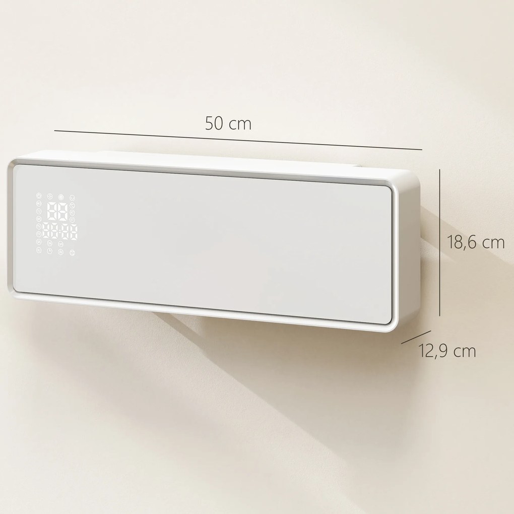 HOMCOM Nástěnný keramický elektrický ohřívač 2000 W, ventilátor, termostat, časovač, dálkové ovládání, skleněný panel, bílý