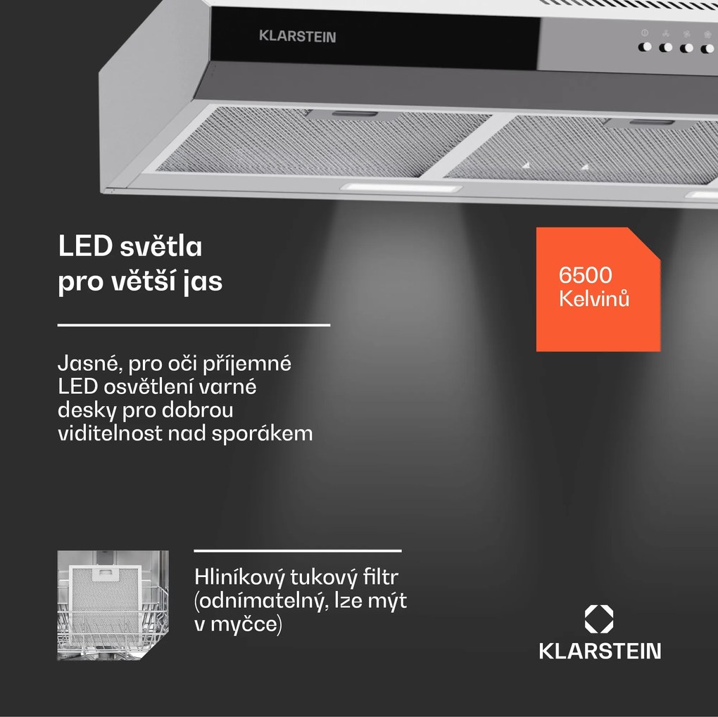 Klarstein Contempo 90, digestoř, 90 cm, podskříňková, 200 m³/h, LED, akryl, nerezavějící ocel