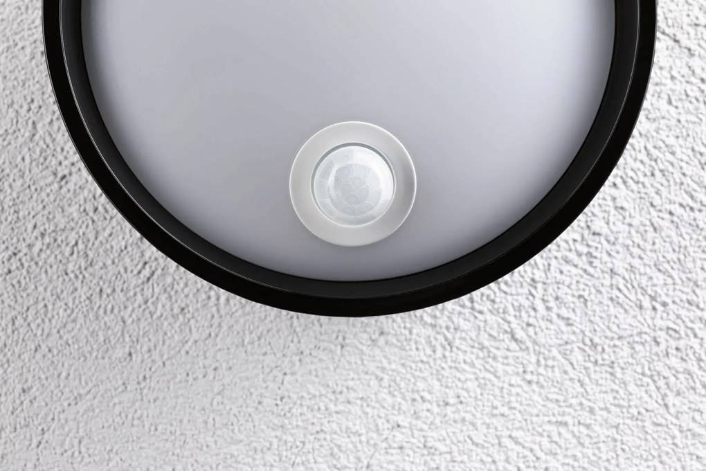 P 94698 LED venkovní nástěnné svítidlo Platomo pohybové čidlo IP44 kruhové 180mm 3000K 14,5W 230V černá umělá hmota - PAULMANN
