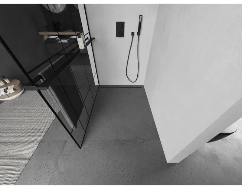 Mexen Kioto+ L, sprchová zástěna Walk-In s poličkou a věšákem 100 x 200 cm, 8mm čiré sklo černý vzor, černý profil, 800-100-123-70-78