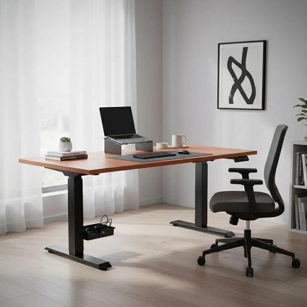 Výškově nastavitelný stůl OfficeTech D, 160 x 80 cm, černá podnož, třešeň