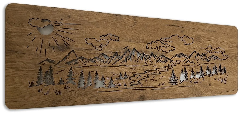 Li-Go "Hory, les" světelný obraz s baterií 120x40cm varianta ovládání: manuál/pohybové čidlo, provedení povrchu: bříza