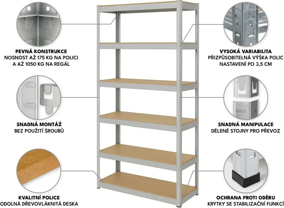 Akce 10x Regál 220x90x50 cm zinkovaný 6-policový, nosnost 1050 kg