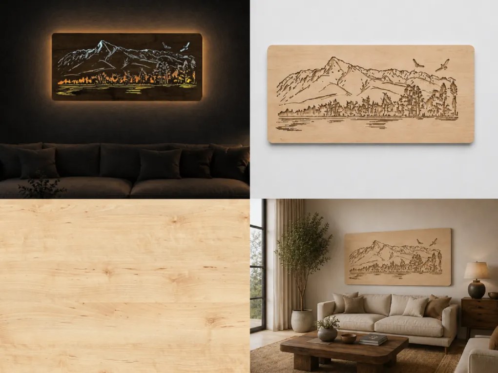 Li-Go "Hory s ptáky" světelný obraz s baterií a pohybovým čidlem 110x50cm provedení povrchu: bříza