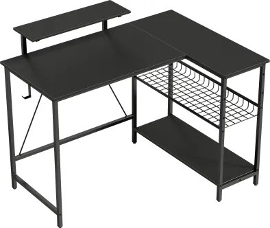 HOMCOM oboustranný L-herní stůl s podstavcem na monitor a nastavitelnou síťovanou policí, 114,5 × 82 × 91,5 cm, černý s karbonovým vzorem