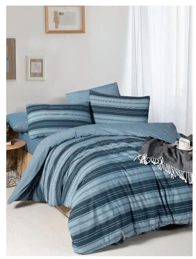 Modré 4dílné prodloužené povlečení na dvoulůžko s prostěradlem 200x220 cm Stripes – Mila Home