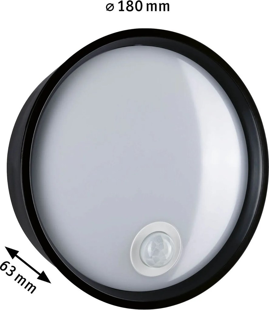 P 94698 LED venkovní nástěnné svítidlo Platomo pohybové čidlo IP44 kruhové 180mm 3000K 14,5W 230V černá umělá hmota - PAULMANN