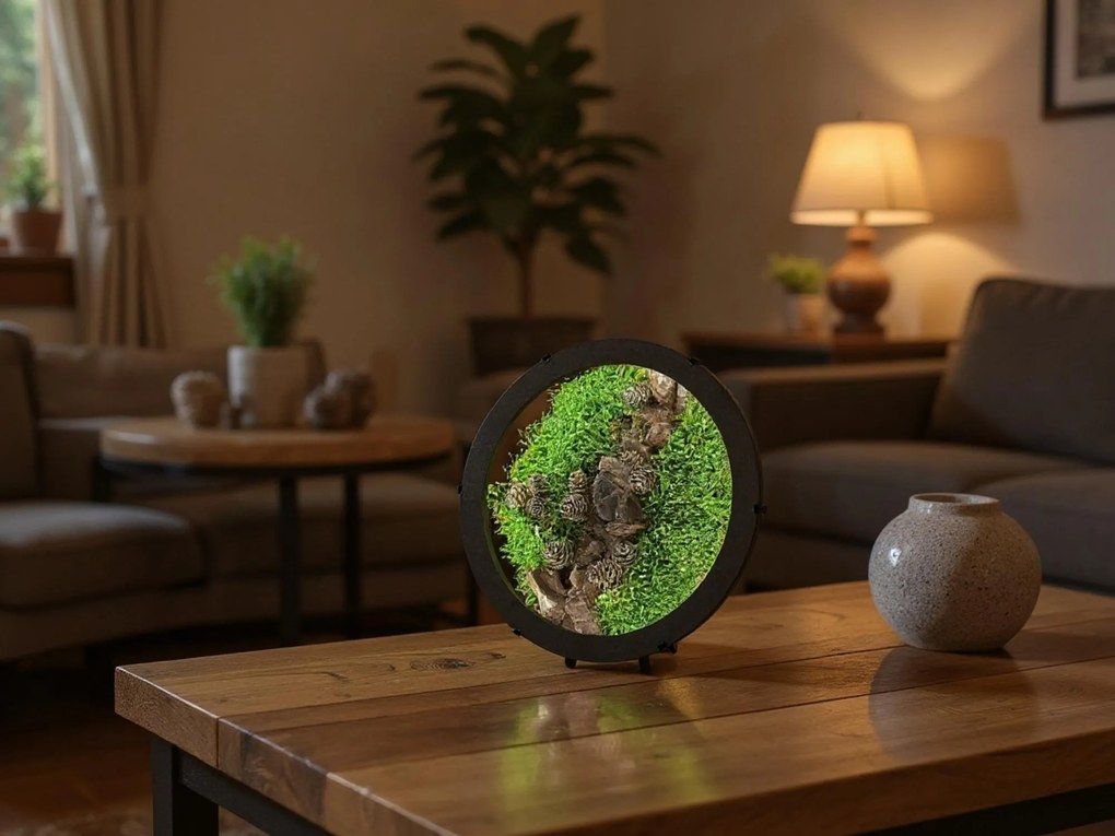 Li-Go "Mechové zátiší" dřevěná lampa/obraz 12V/230V černá s patinou velikost svítidla/hodin: 31 cm