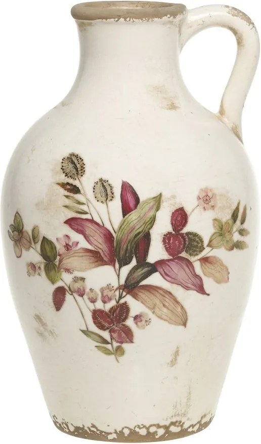 Béžová antik keramická váza s květy a ouškem Florac - Ø 16*26 cm