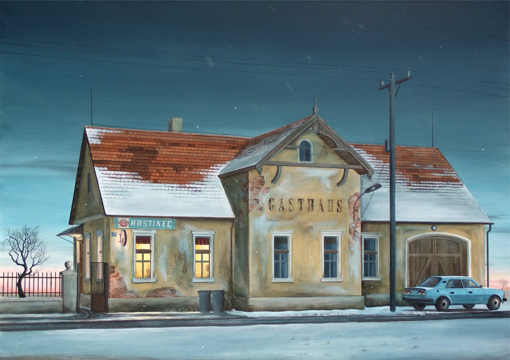 Štěpán Jirák | Hospoda v zimě Rám: Dubový, Velikost: 20 x 30 cm
