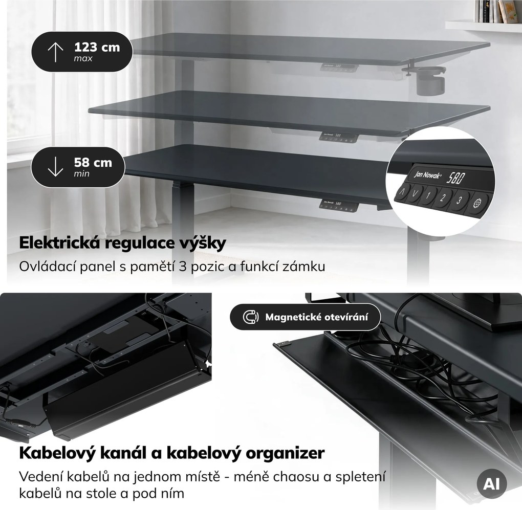 Elektrický stůl s regulací výšky ergonomický antracitový,1600x800 mm: ARIA