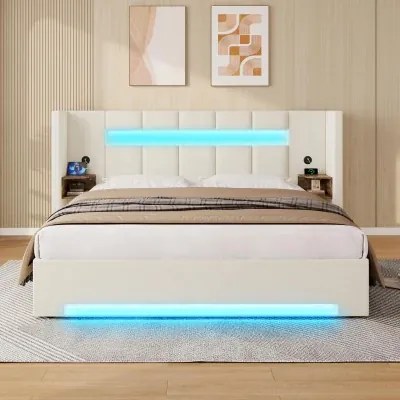 Aosom Multifunkční rám postele s látkovým potahem se stolky ve stylu retro na obou stranách, atmosférické LED pásky, 225x212x103 cm, béžová