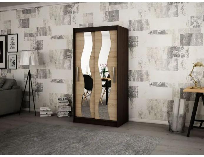 Šatní skříň s posuvnými dveřmi a ozdobnými zrcadly Herta 100 v barvě wenge-dub sonoma