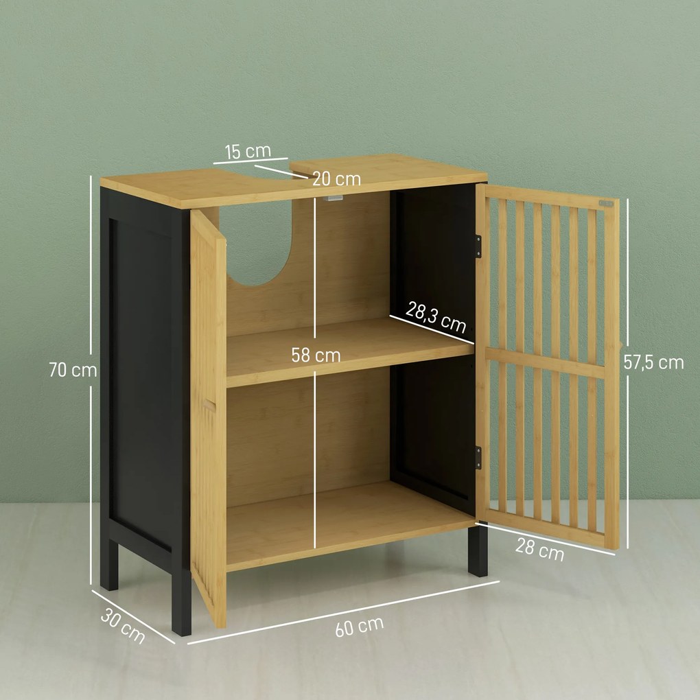 HOMCOM Podložková skříňka pod umyvadlo, koupelnová skříňka se zásuvkami 60 x 30 x 70 cm v černé a přírodní bambusové barvě