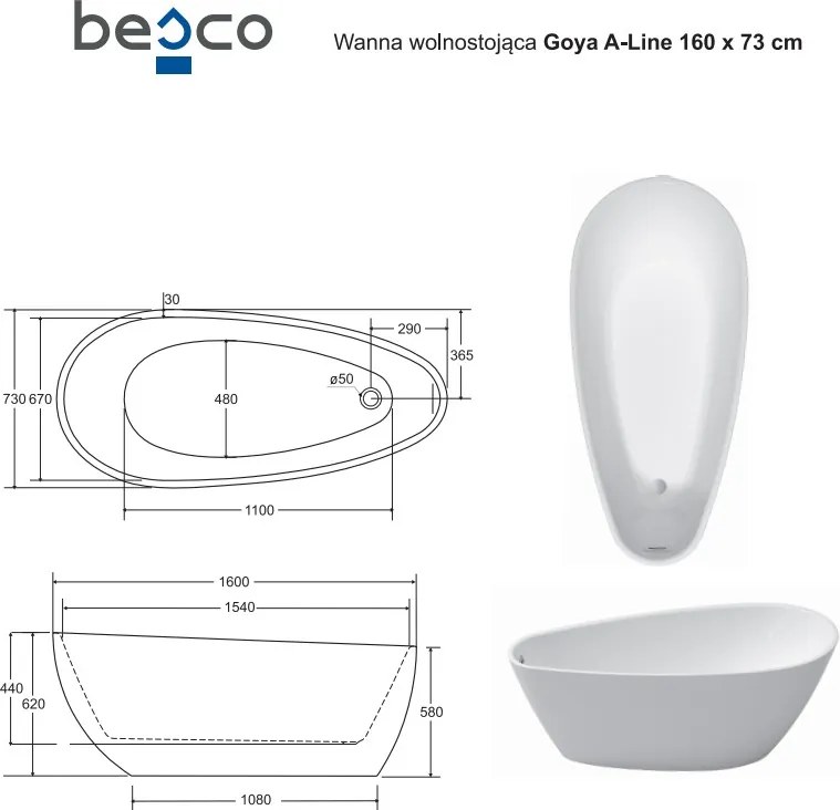 Besco Goya A-line vana volně stojící 160 x 73 cm akrylát bílá VANGOYAA160