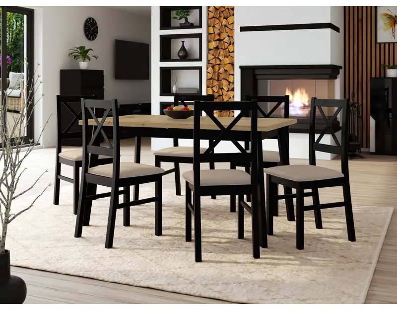 Stůl se 6 židlemi - AL43, Barva dřeva: dub artisan - L, Potah: Hygge D20, Barvy nožiček: černá