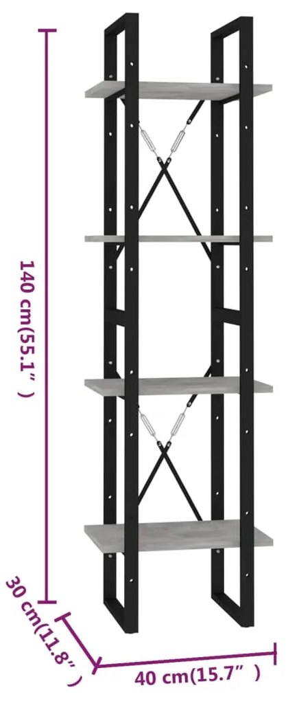 vidaXL Knihovna se 4 policemi betonově šedá 40x30x140 cm dřevotříska