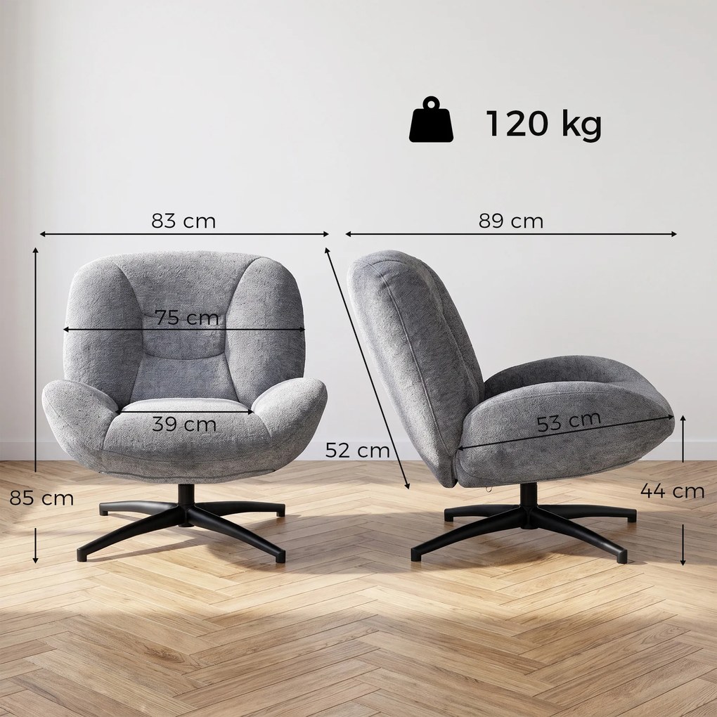 HOMCOM Otočné křeslo do obývacího pokoje, lounge křeslo se širokým sedadlem, integrovanou opěrkou rukou, vzhled chenillu, tmavě šedá