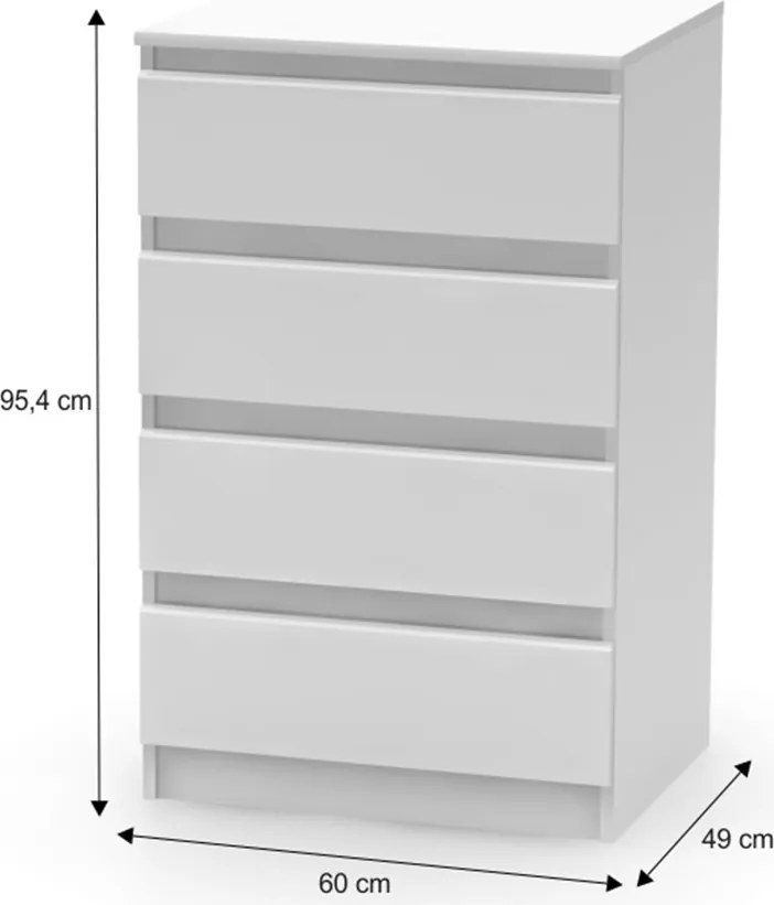 4 šuplíková komoda, bílá, HANY NEW 014