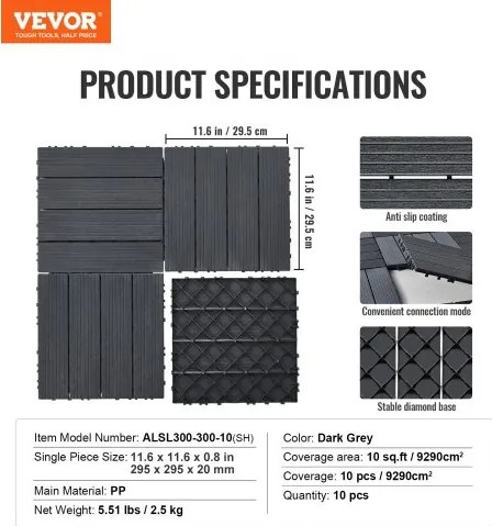 zámkové palubkové dlaždice 10 balení 30,5 × 30,5 cm plast pro verandu tmavě šedá