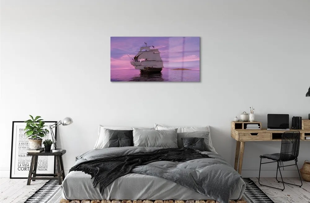 Obraz na skle Fialové nebe ship sea 125x50 cm