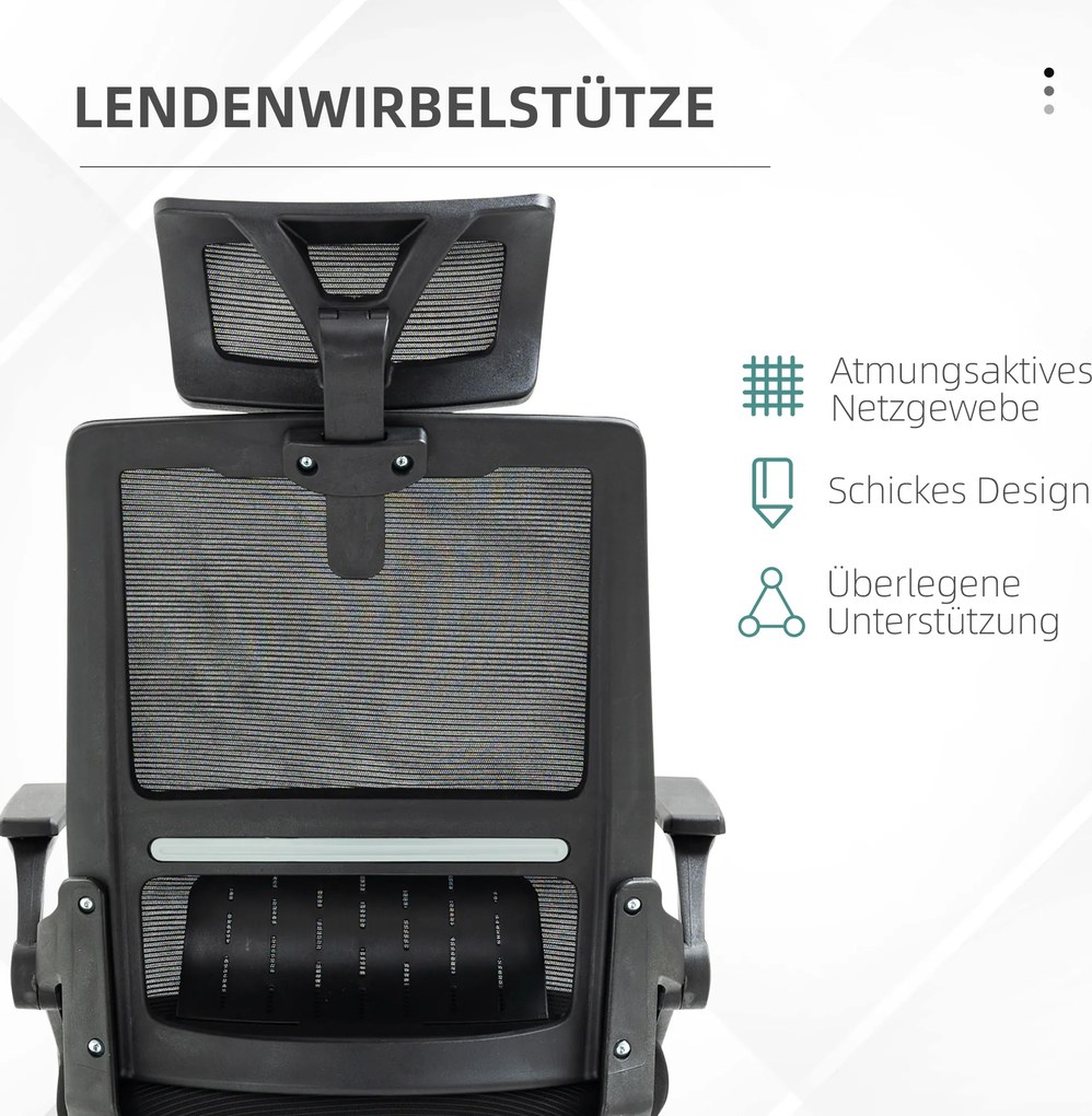 Ergonomická kancelářská židle Vinsetto, židle k psacímu stolu s nastavitelnou opěrkou hlavy, výškově nastavitelné područce, počítačová židle s funkcí…