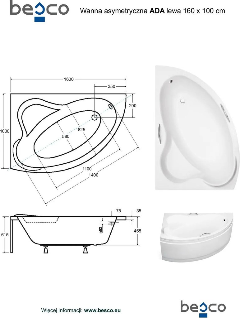 Besco ADA 160 cm VANADA160L vana bez nožiček levá Koupelny Bernold