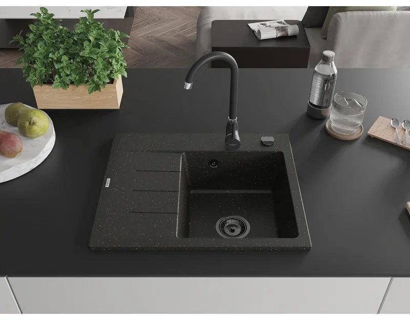Mexen Ben, 1-komorový granitový dřez 600x500x190 mm, pravý + černý sifon, černá-zlatá metalíza, 6523605000-75-B
