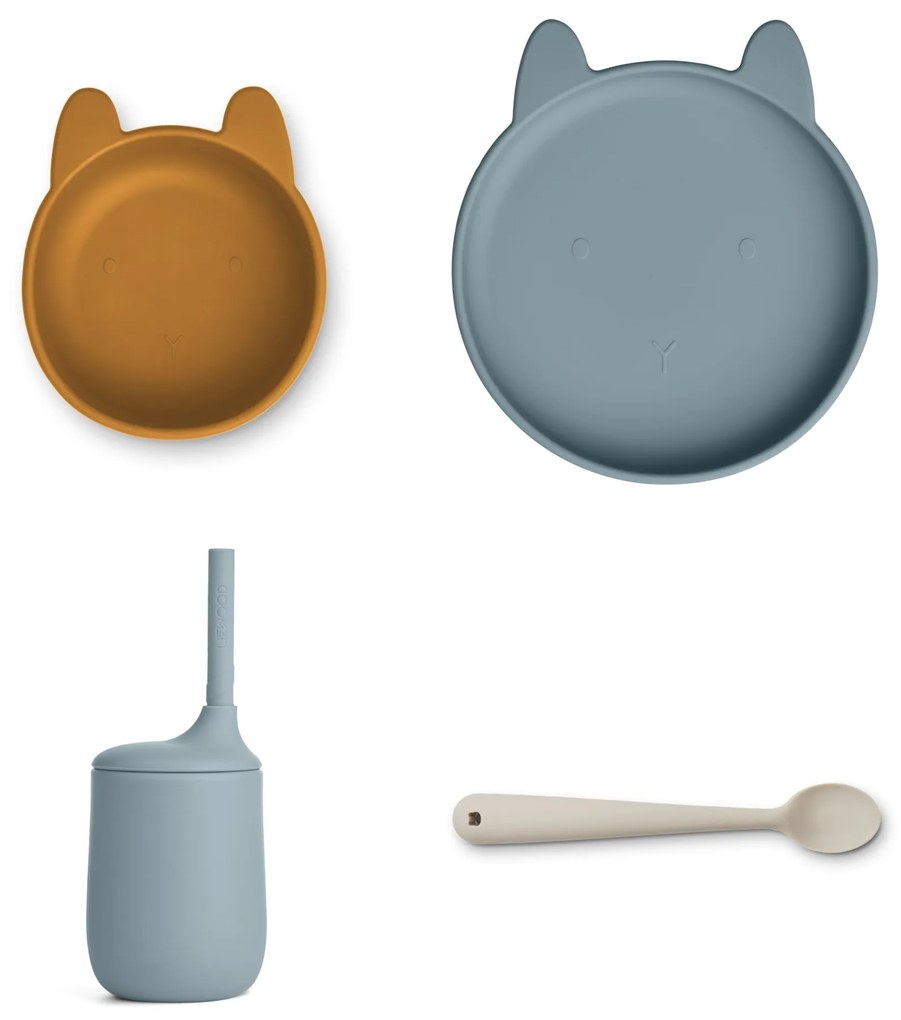 LIEWOOD Silikonový jídelní set Rabbit/Whale blue multi mix - set 4 ks, modrá barva, hnědá barva