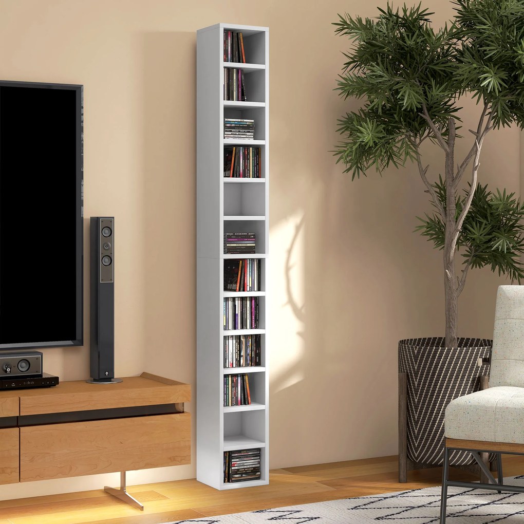 HOMCOM Úložný sloupec na CD a DVD, regál s 12 přihrádkami, kapacita max. 204 CD, 21 x 20 x 175 cm, bílá