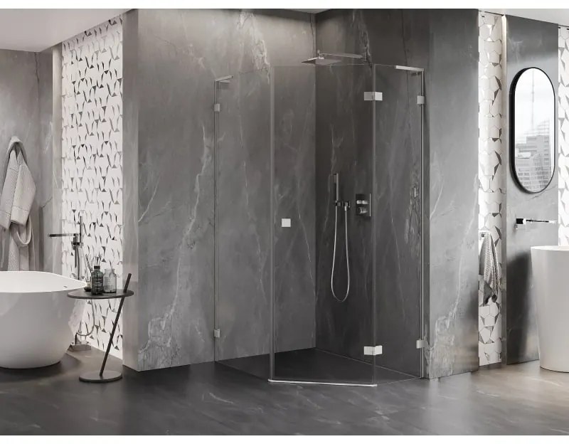 Mexen Lunar, L pětiúhelníkový sprchový kout naklápěcí vpravo 80 x 90 cm, 8mm čiré sklo, ocelový profil, 831L-080P-090L-97-00-P