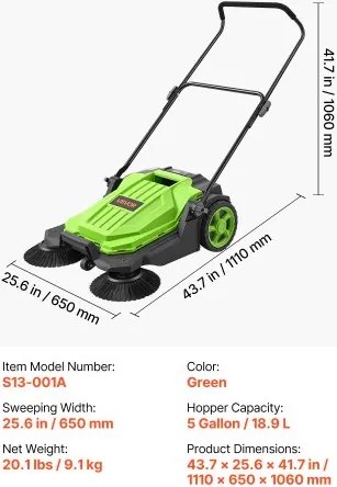 Ruční zametací stroj s ručním tlačením, Se záběrem 650 mm VEVOR – Zelená