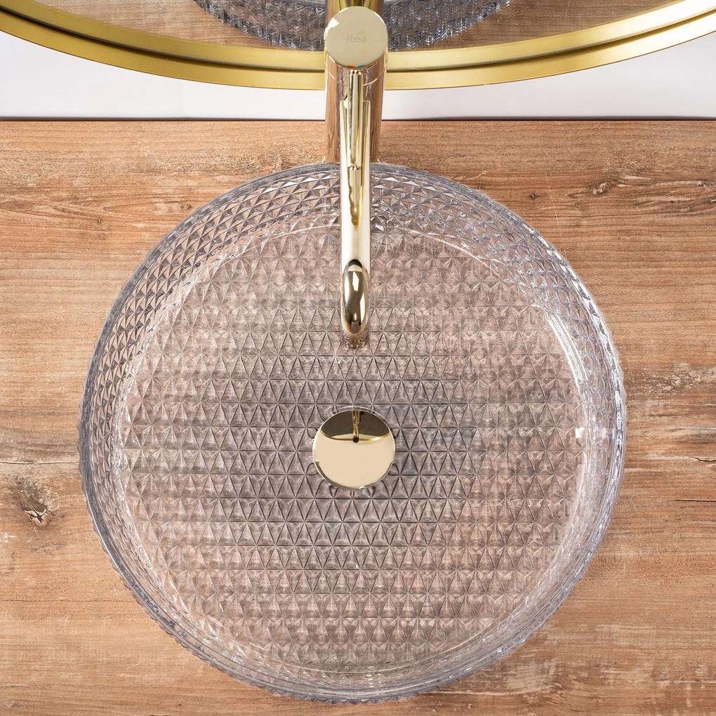 Rea, Umyvadlo na desku Rea Cristal Transparent 39 Gold brush ring, REA-U8881