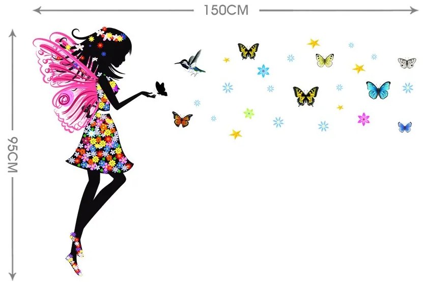 Samolepka na zeď "Víla s motýly a kolibříkem" 95x150 cm