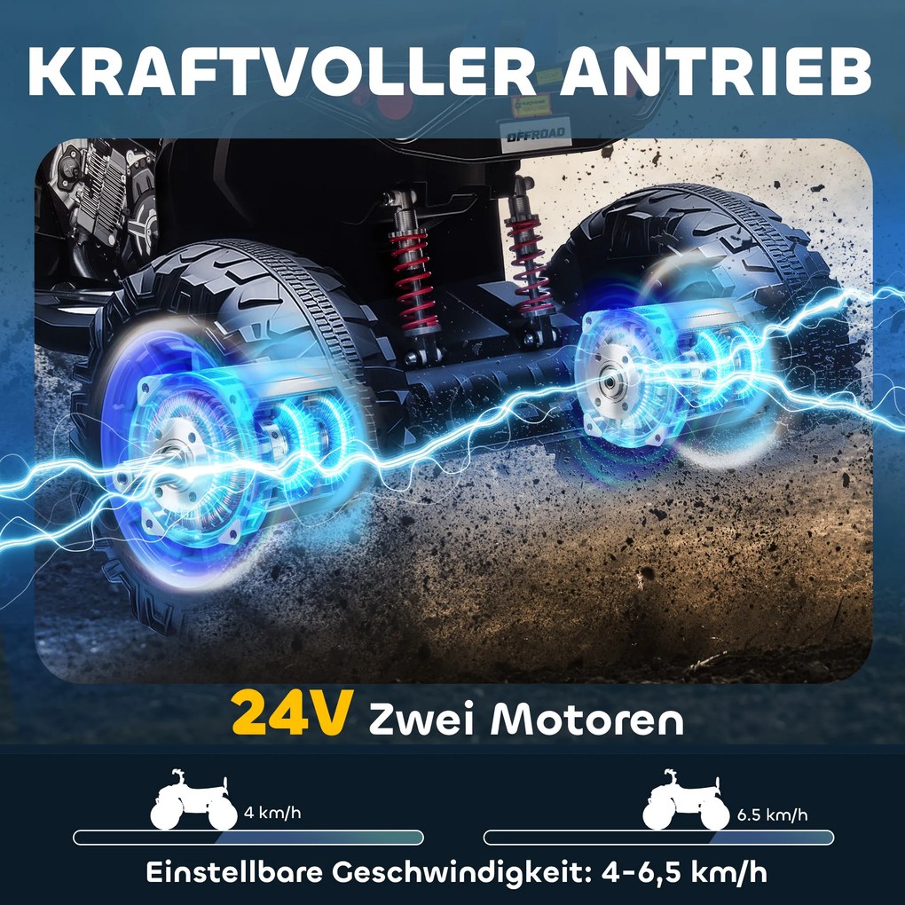 AIYAPLAY Dětský elektro quad, 24V elektrické vozidlo se 4 koly, světlomet, USB port, MP3 funkce, 6,5 km/h, 3-8 let 370-412V90VT