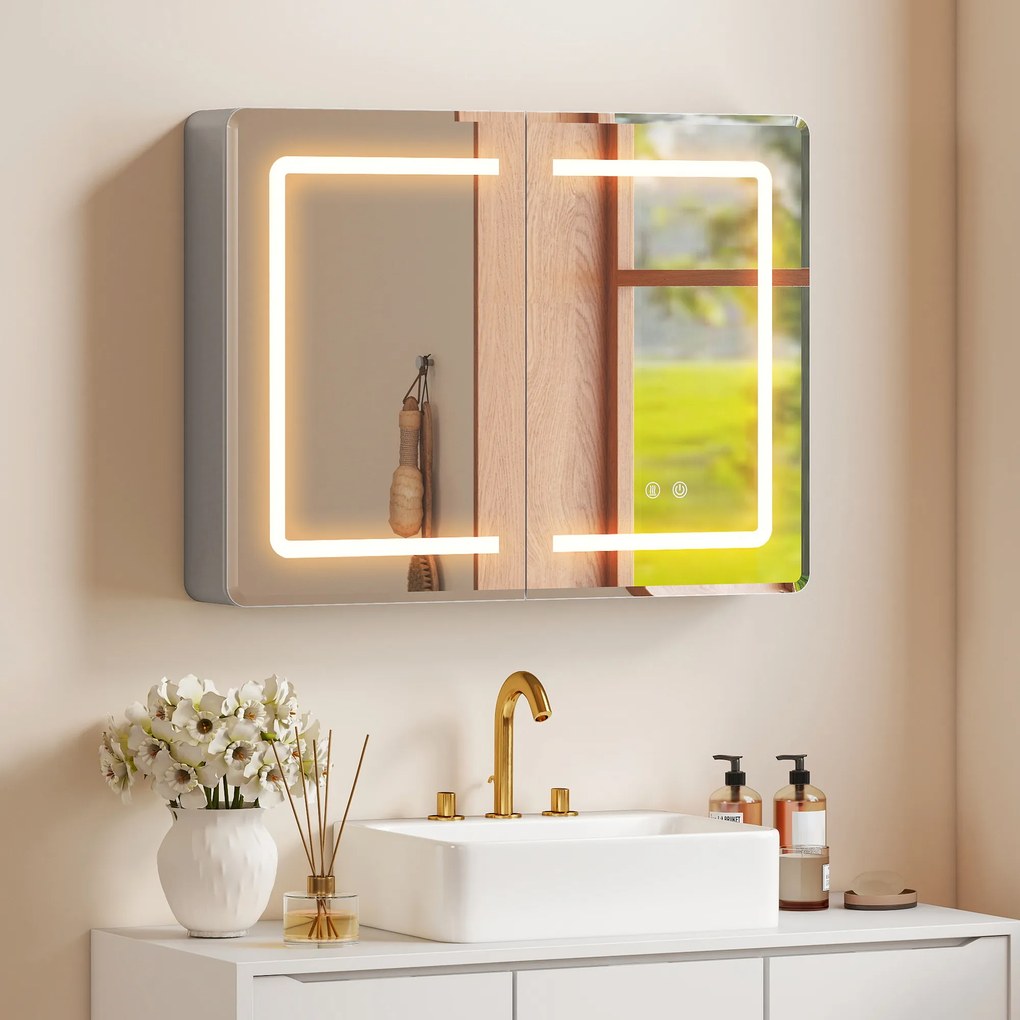 HOMCOM Zrcadlová skříňka do koupelny s LED osvětlením, 60 x 80 cm koupelnová skříňka s protimlžnou, 3-cestnou stmívatelnou