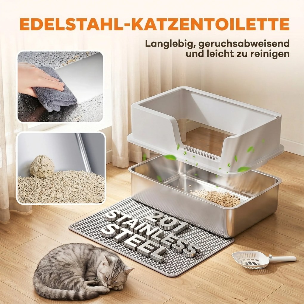 PawHut Kočičí toaleta XL z nerezové oceli s víkem, vysoké boční stěny, lopatka, kartáč, podložka pro koťata až do 8 kg, světle šedá