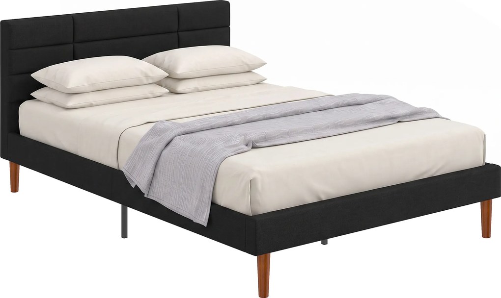 HOMCOM rám postele 140 x 200 cm s lamelovým roštem, polstrovaná manželská postel v lněném vzhledu, úložný prostor pod postelí, tišší, černý