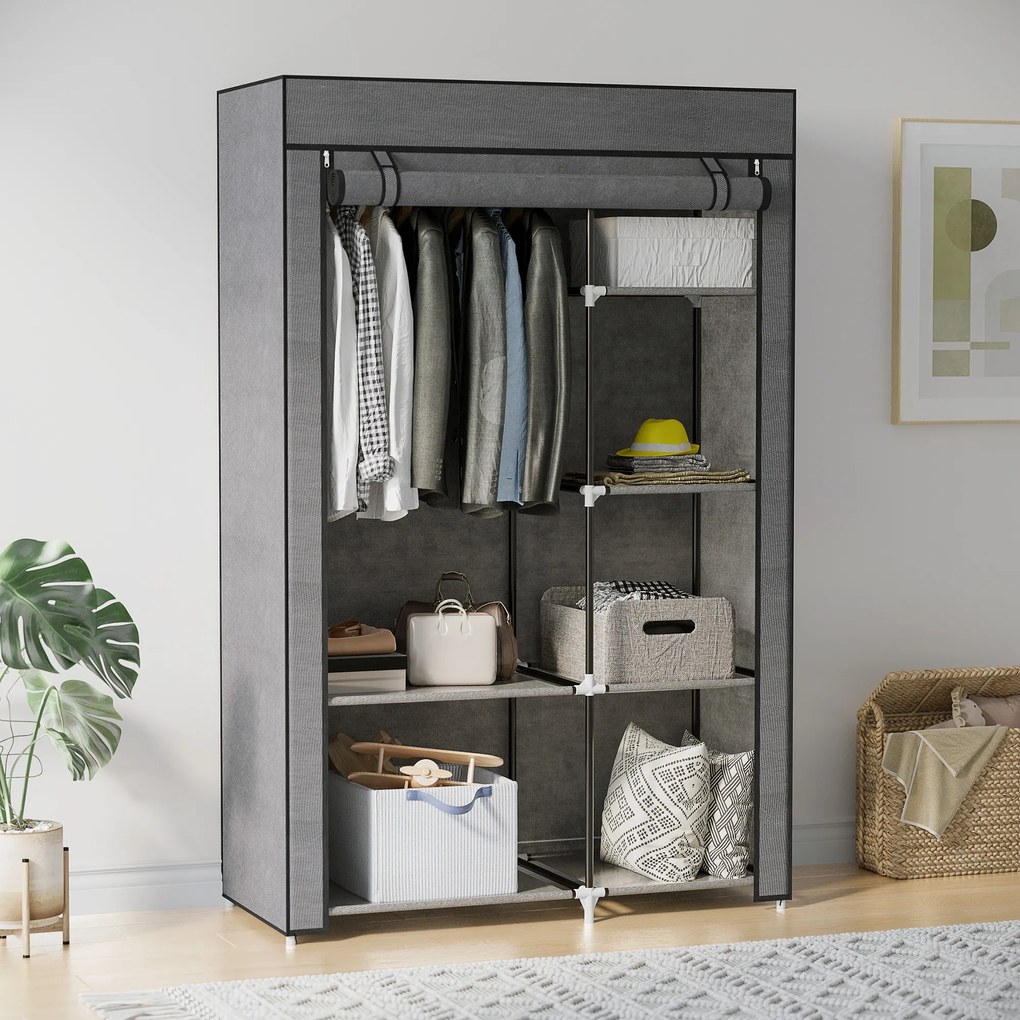 HOMCOM Textilní Šatní Skříň s 6 Policemi, Šatní Tyč, Zipová Skříň do Předsíně a Ložnice, 103 x 43 x 162,5 cm, Tmavě šedá