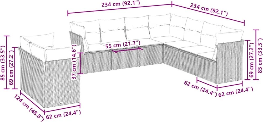 9dílná zahradní sedací souprava a podušky světle šedá polyratan 3217842