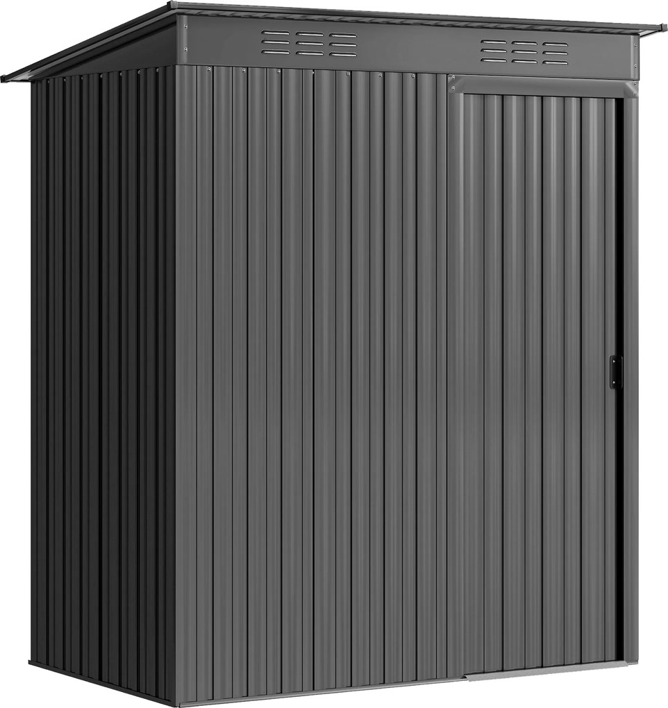 Outsunny kovová zahradní kůlna 1,37 m² — 159 x 106 x 181 cm, posuvné dveře, větrání, šikmá střecha, 2 páry rukavic, snadná montáž — tmavě šedá