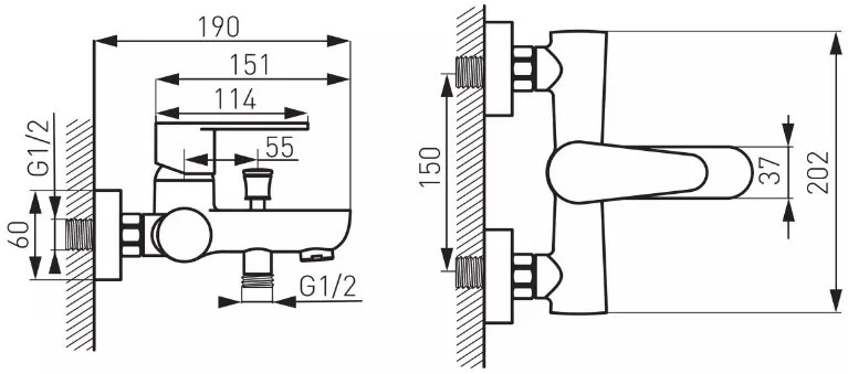 Ferro Algeo, vanová nástěnná baterie bez sprchové soupravy, černá matná-chromová, BAG1BL