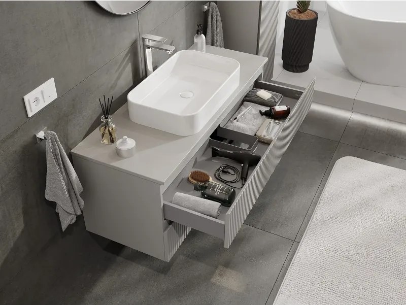 Mexen Rivel, koupelnová skříňka 120 cm s pracovní deskou, 2 zásuvky, drážkovaná, matná šedá, 91A20-12047-2-BFFC62