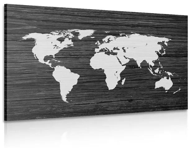 Obraz mapa světa na dřevě v černobílém provedení - 60x40 cm