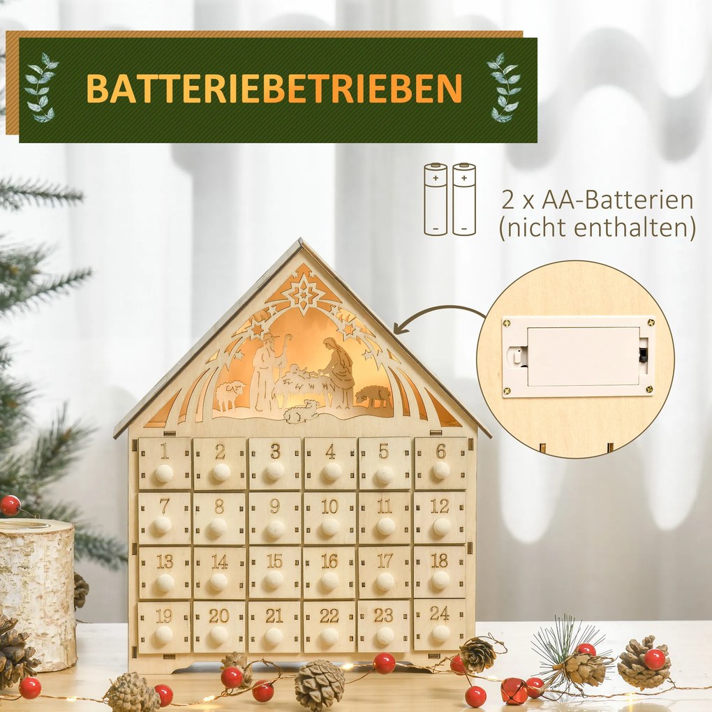 HOMCOM Adventní kalendář s LED osvětlením, 24 zásuvek, scéna betlému, 26,6 x 30 cm, vzhled dřeva