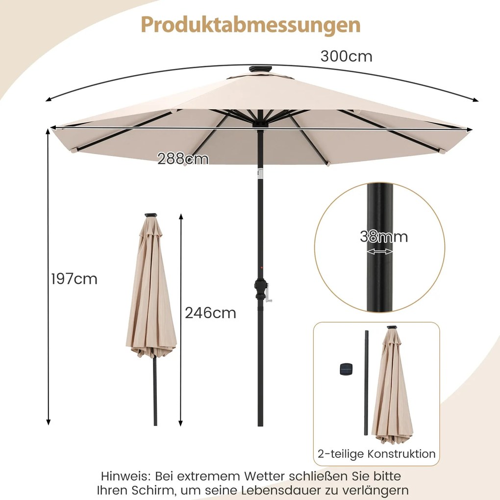 Costway Slunečník 300 cm se solárním LED osvětlením 9 režimy osvětlení s klikou