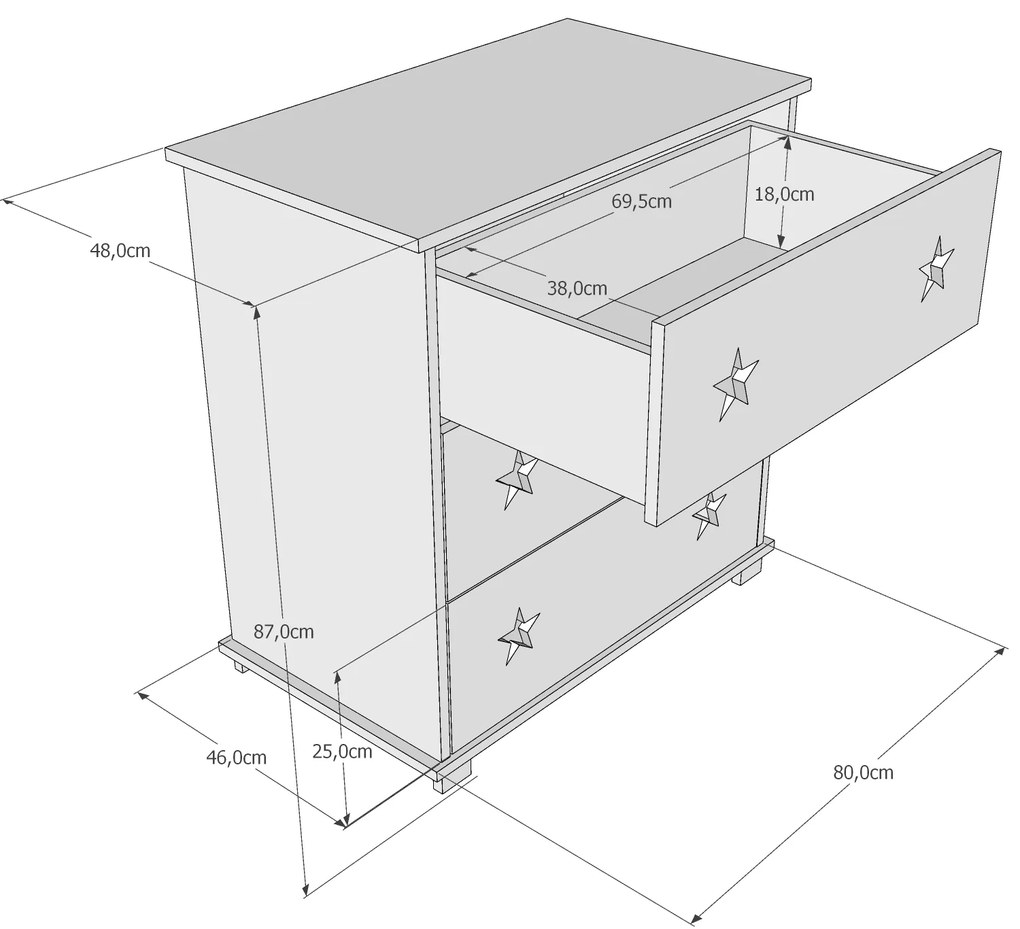 BabyBeds Dětská komoda - hvězdičky Barevné provedení: Bílá  nábytkářské lamino 80 cm x 48 cm x 87 cm