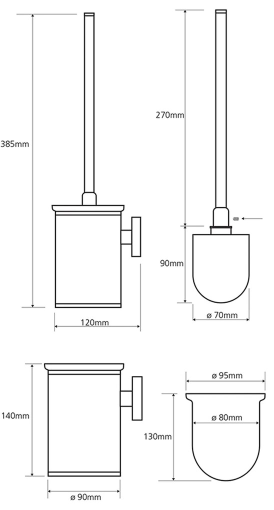 Sapho, X-ROUND WC kartáč válcový, malý, černý kartáč, chrom, XR305
