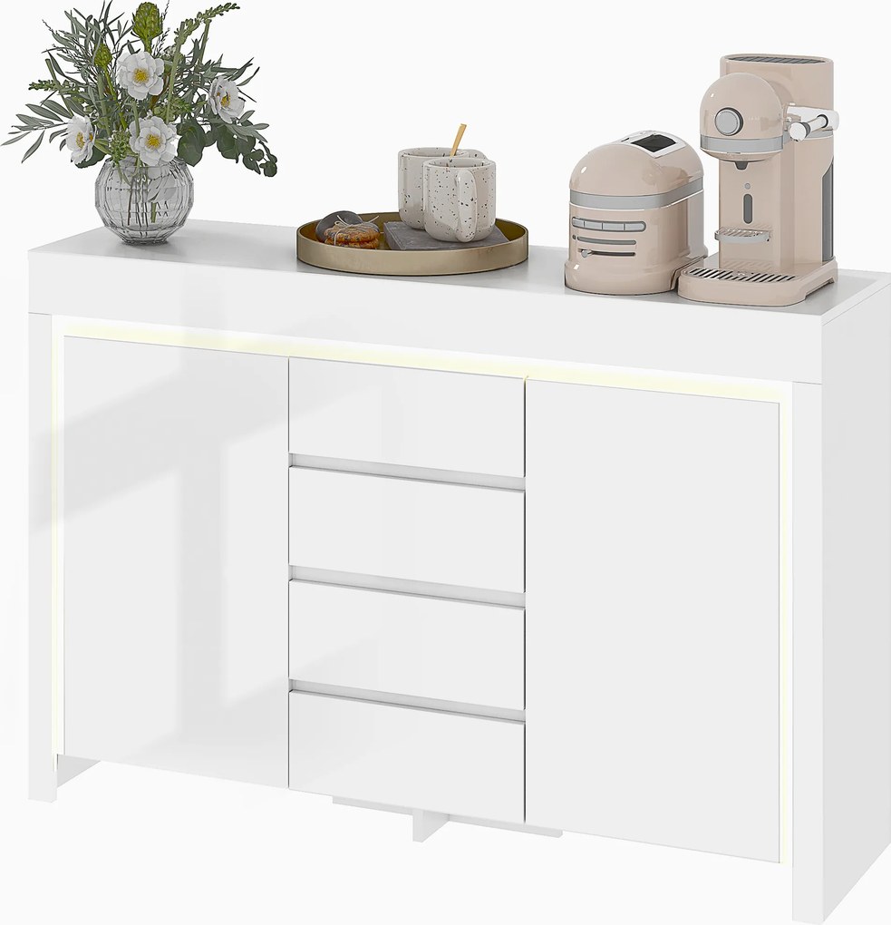 HOMCOM komoda do obývacího pokoje, úložný nábytek s LED osvětlením, 4 zásuvky, dveře s tichým zavíráním, 120 x 34 x 80 cm, vysoký lesk bílá